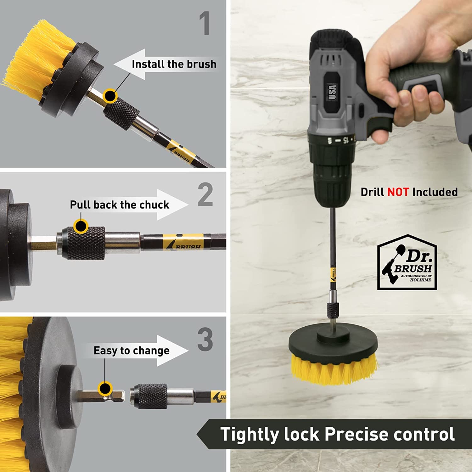 Holikme Drill Brush Attachments Set, Power Scrubber Brush with Extend Long Attachment All Purpose Clean for Grout, Tiles, Sinks, Bathtub, Bathroom, Kitchen