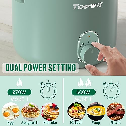 Topwit Electric Pot with Steamer, 1.5L Non-stick Ramen Cooker, Hot Pot Electric, Electric Pot for Cooking Pasta, Noodles, Steak, Egg, Portable Pot with Dual Power Control, Dorm Room Essentials, Green