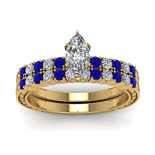 Gemsonclick Petite Vintage Diamond Wedding Set yellow gold plated Created Blue Sapphire Marquise shape Blue color Wedding Ring Sets prong Setting in Size 12 Casual Wear for Gift