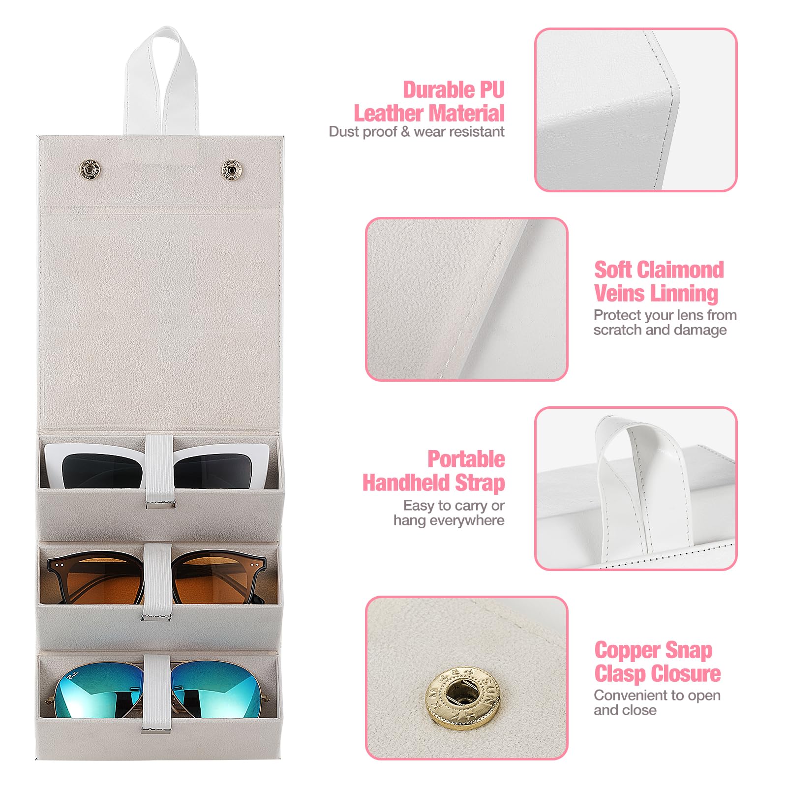 MoKo Sunglasses Organizer with 3 Slots, Foldable Travel Glasses Storage Case Holder Eyewear Display Box, White + Beige
