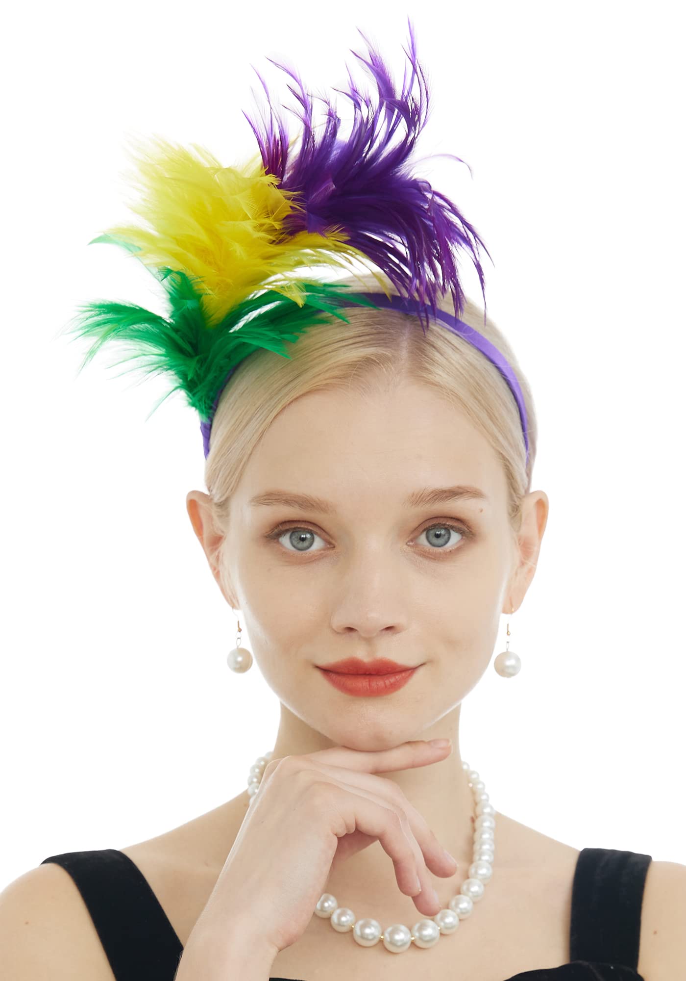 FELIZHOUSE 1920s Fascinator with Feathers Headband for Women Wedding Tea Party Headwear (Mardi Gras Purple)