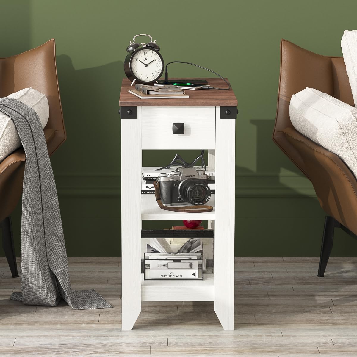 Fameill End Tables Living Room Set of 2, Narrow Side Table with Charging Station, Small Bedside Table for Small Space, Skinny Nightstand with Storage Drawer, White