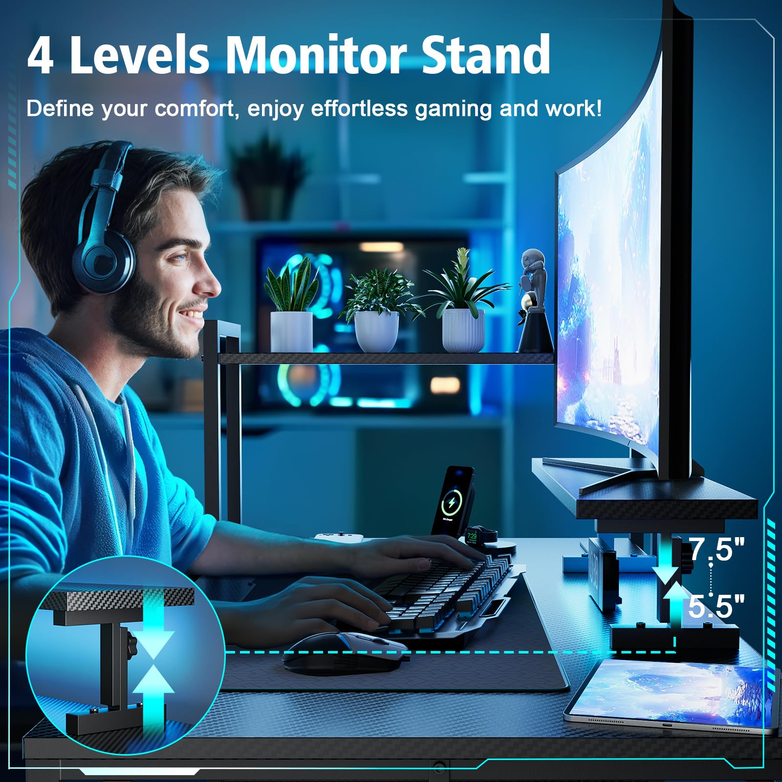 OMICON Computer Desk with LED Light, 42-55 Inch Gaming Desk with Reversible Storage Shelves, Office Desk with Power Outlets Corner Desk for Home Office, Small Space Desk Black Carbon Fiber (42)