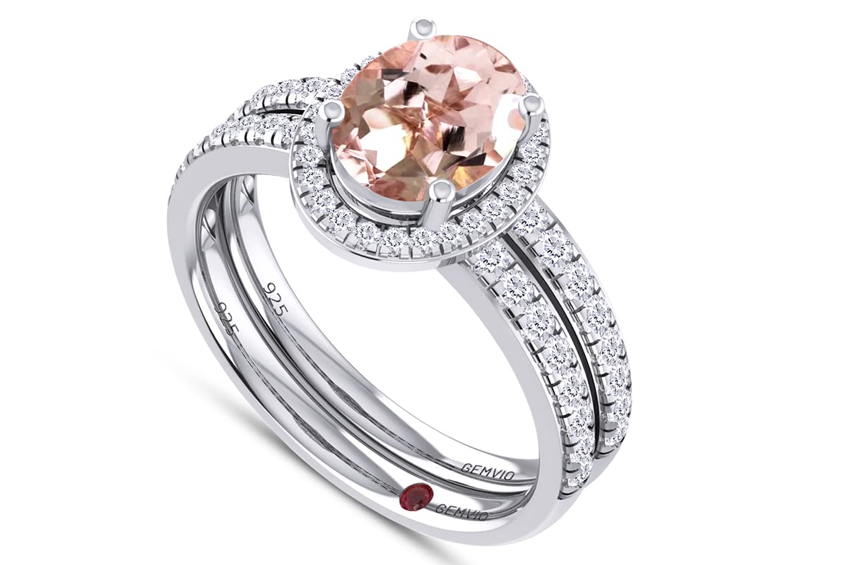 GEMVIO Collection 8X6MM Oval Cut Natural Morganite Gemstone & Natural Diamond Halo Bridal Set Engagement Ring In 14K White Gold Over Sterling Silver Anniversary Wedding Ring (1.40 Cttw)-7