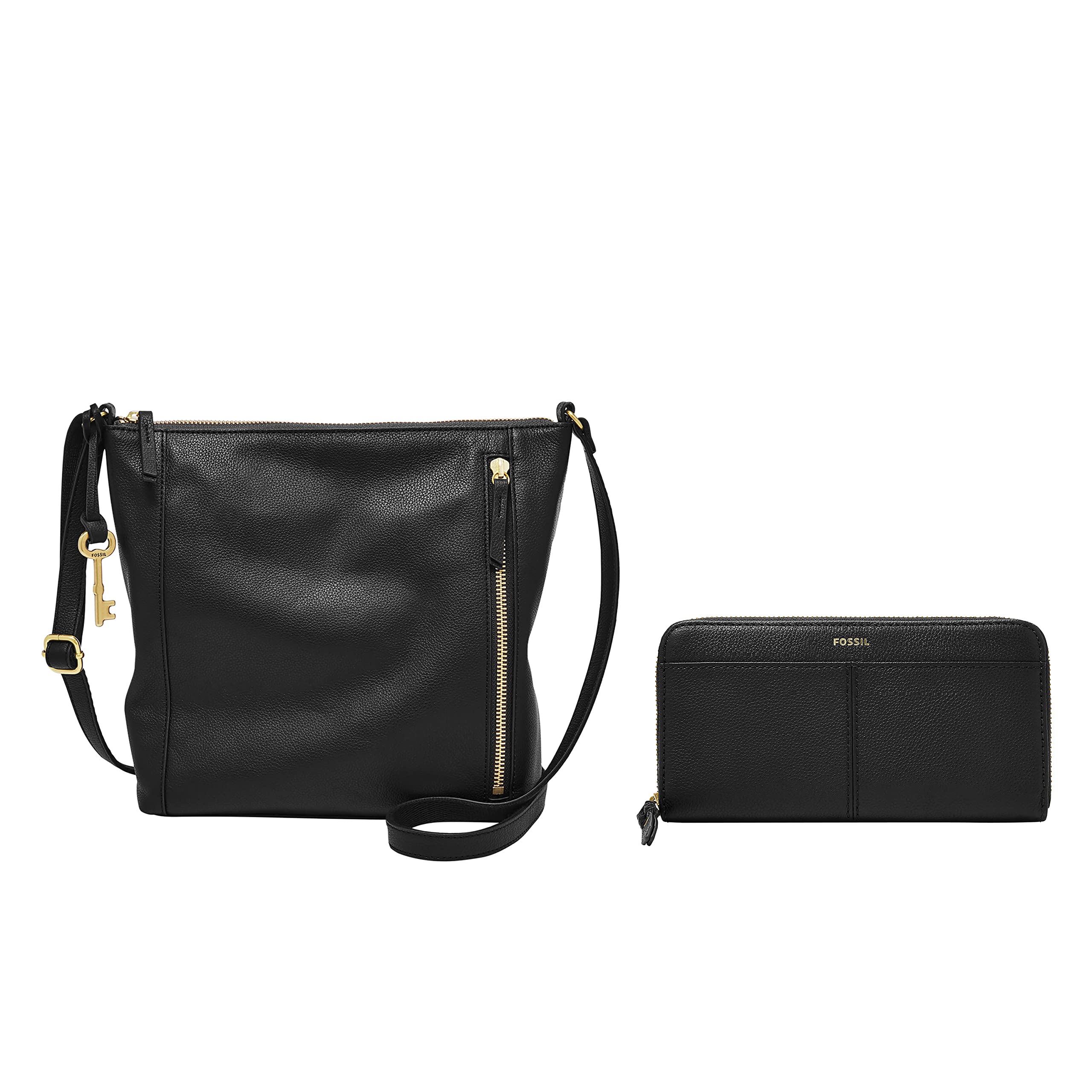 Fossil Women's Tara Leather Crossbody Purse Handbag, Black Women's Tara Leather Zip Around Clutch Wallet, Black