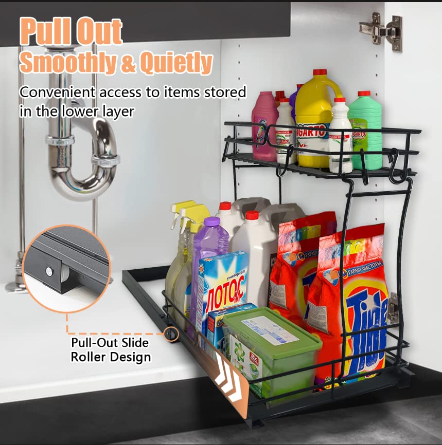 HAIQUANDJS Pull Out Cabinet Organizer 2 Tier Under Sink Cabinet Organizer Storage Shelf with Sliding Storage Basket for Kitchen Bathroom Laundry Room, Request at Least 11 inch Cabinet Opening