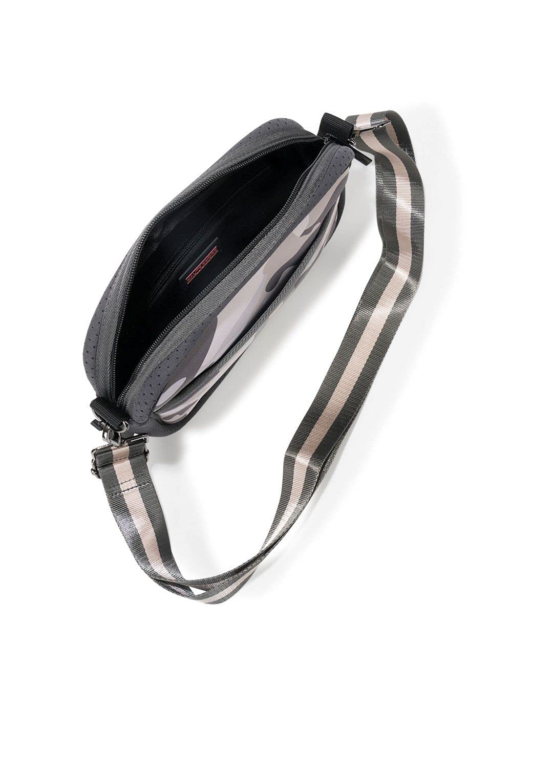Haute Shore - Drew Safari Crossbody Tote, Taupe Camo W/Charcoal & Rosegold Stripe