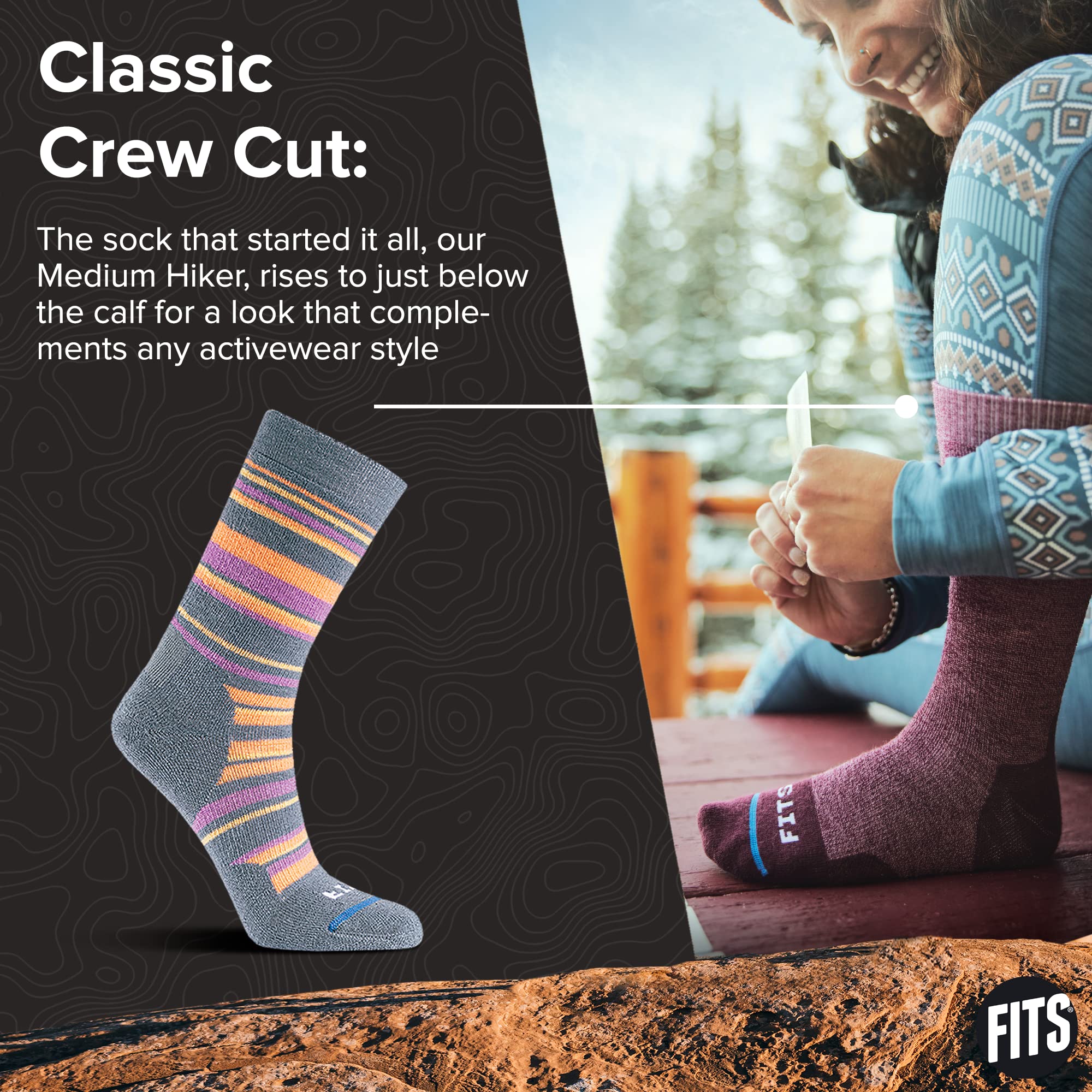 FITS Medium Hiker Crew Sock for Men and Women, Merino Wool, Cushion, Breathable, Odor Resistant, Lightweight Hiking Sock, Coal, X-Large