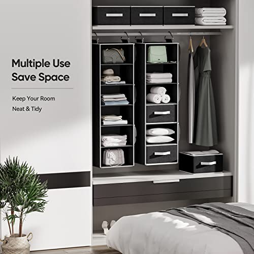 Pipishell Hanging Closet Organizer 6-Shelf, Hanging Shelves for Closet with 3 Removable Drawers & Side Pockets, Hanging Shelf Organizer for Bedroom or Garment Rack