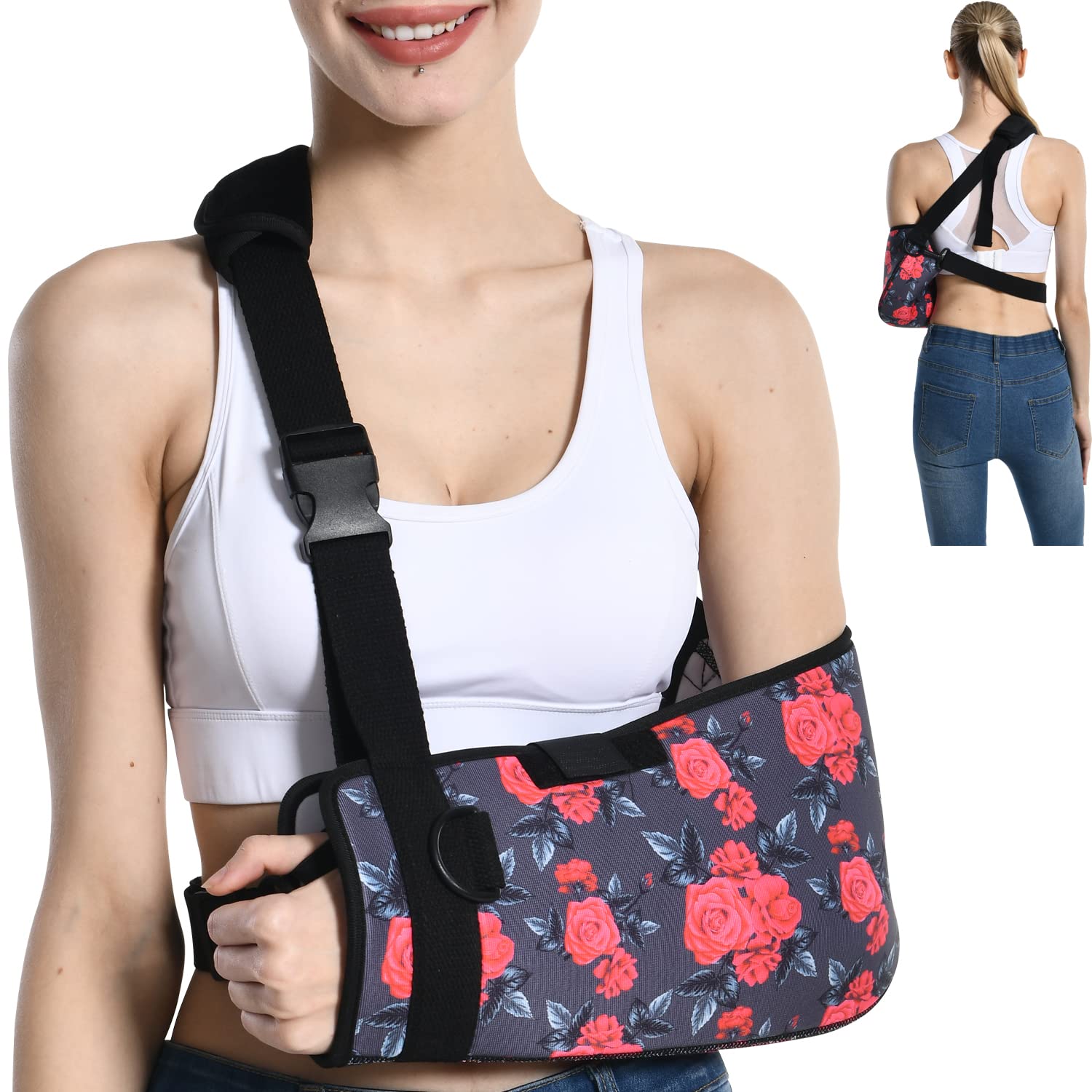 Fotgok Soft Foam Arm Sling with Waist Belt for Shoulder Women Rose-Shoulder Immobilizer with Strong Support-Breathable Arm Support Brace for Shoulder Injury