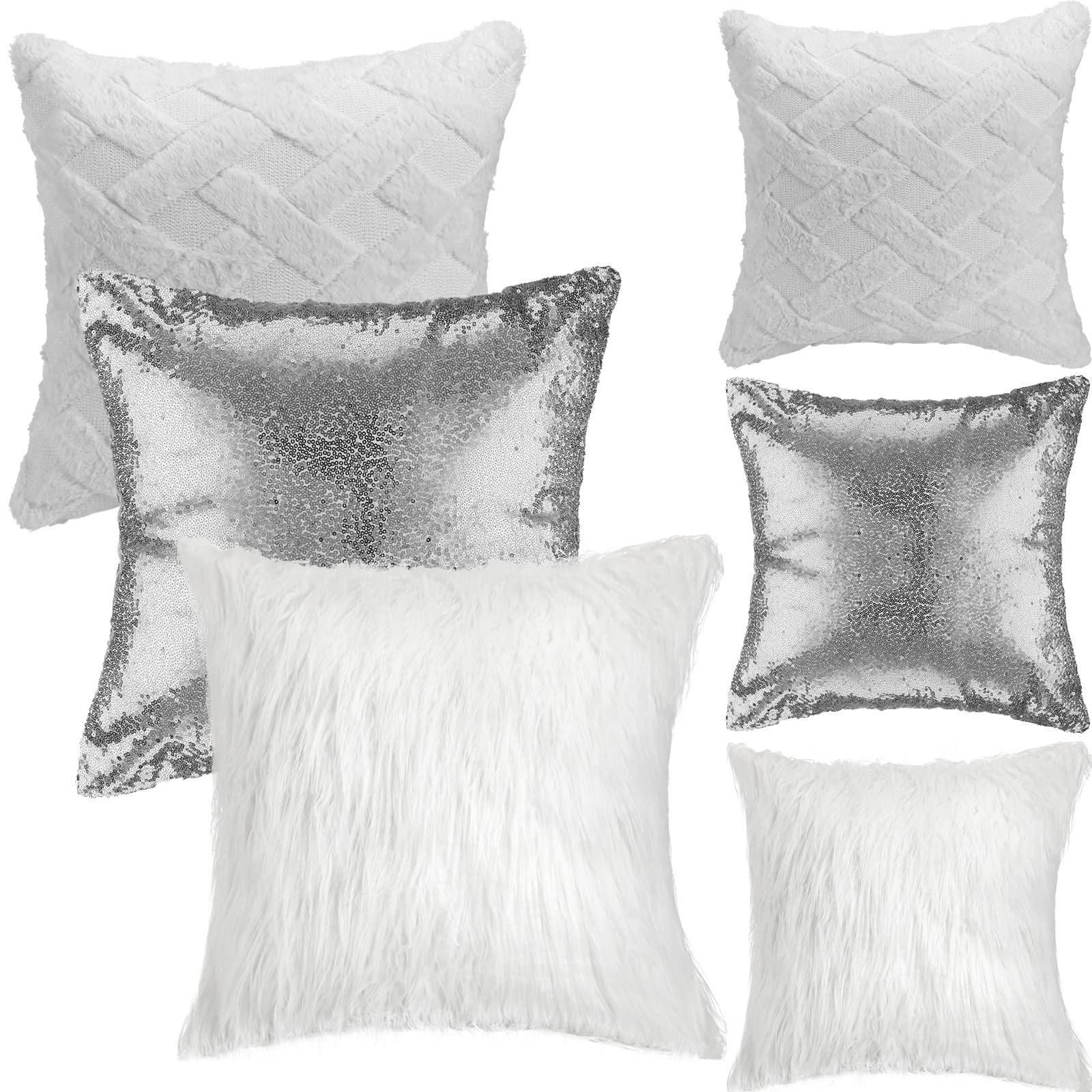 Frienda 6 Pcs Sequin Throw Pillow Covers and Fluffy Pillow Cases Plush Short Wool Velvet Decorative Throw Pillow Covers Faux Fur Throw Pillow Covers for Couch Bed 18 x 18 Inch (Grey, Silver, White)