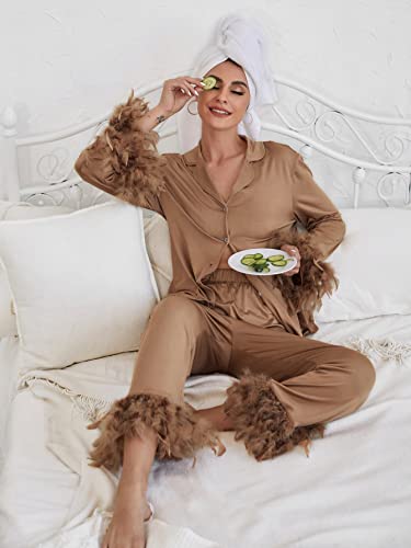WDIRARA Women's Sleepwear 2 Piece Fuzzy Trim Button Down Long Sleeve and Pants Pj Set Camel M