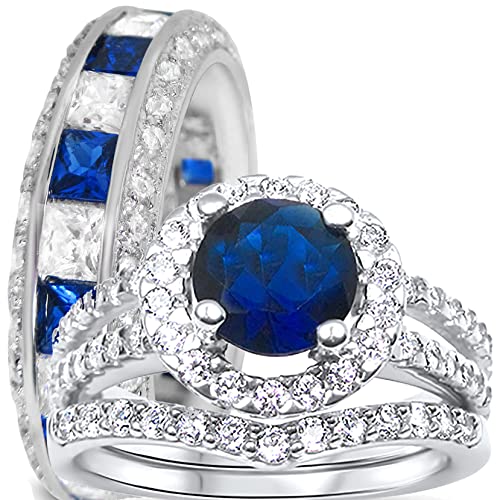 LaRaso & Co His Hers TRIO Wedding Set Sterling Silver Wedding Rings Blue Simulated Sapphire Bridal Set Him Her 14/6