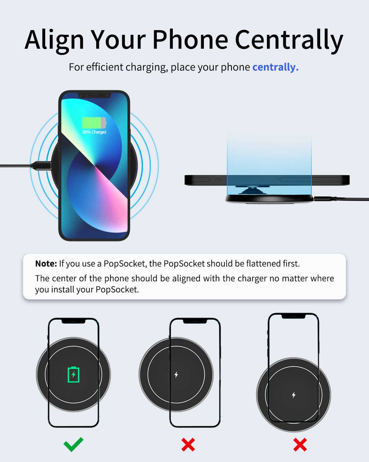 KPON Wireless Phone Charger for Popsocket/OtterBox/Thick Cases Up to 10mm - 15W Max Wireless Phone Charging Station, Compatible with iPhone 15/14/13/12(Adapter Not Include)