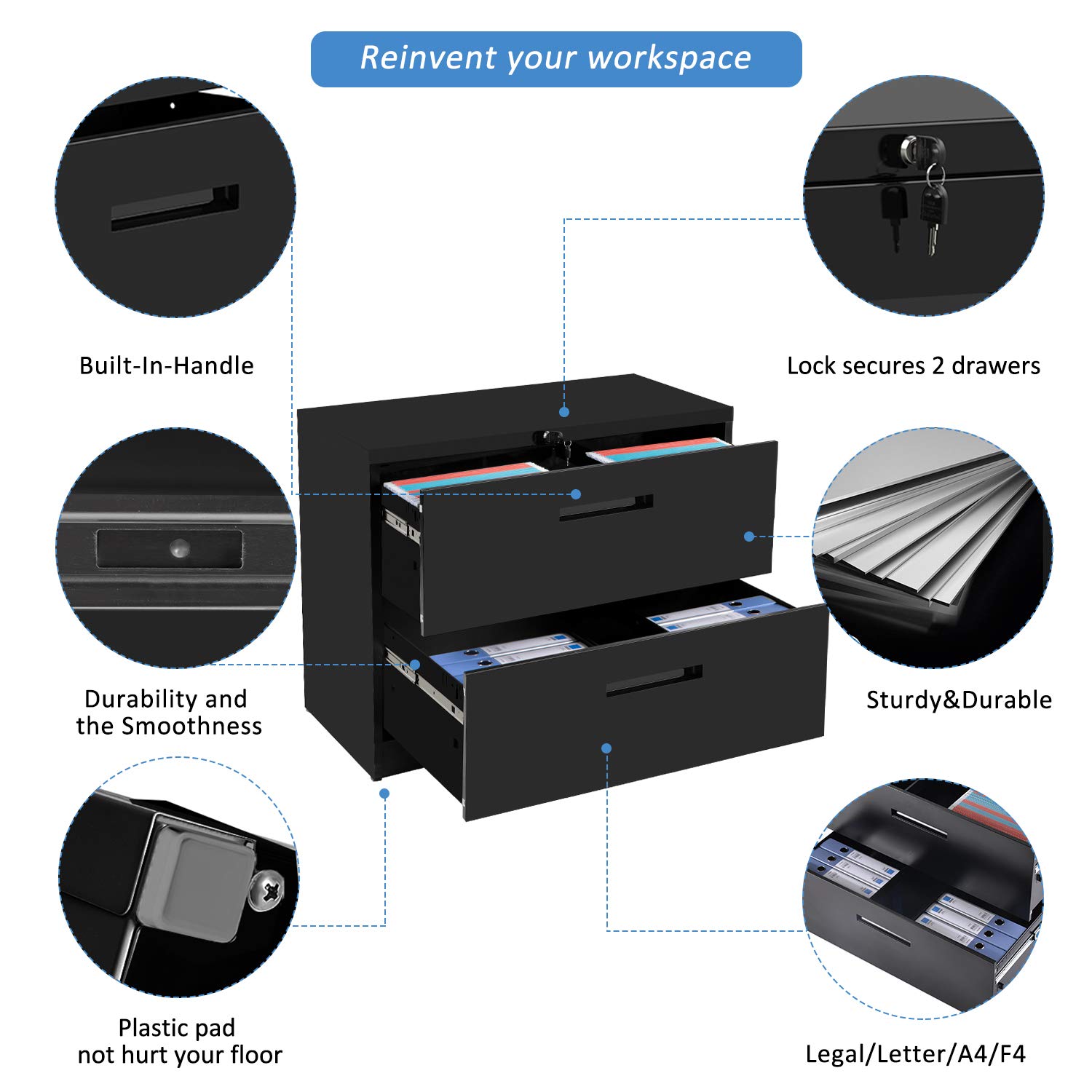 File Cabinet,Home Office Lockable Heavy Duty Metal Lateral File Cabinet with 2 Drawers, Black