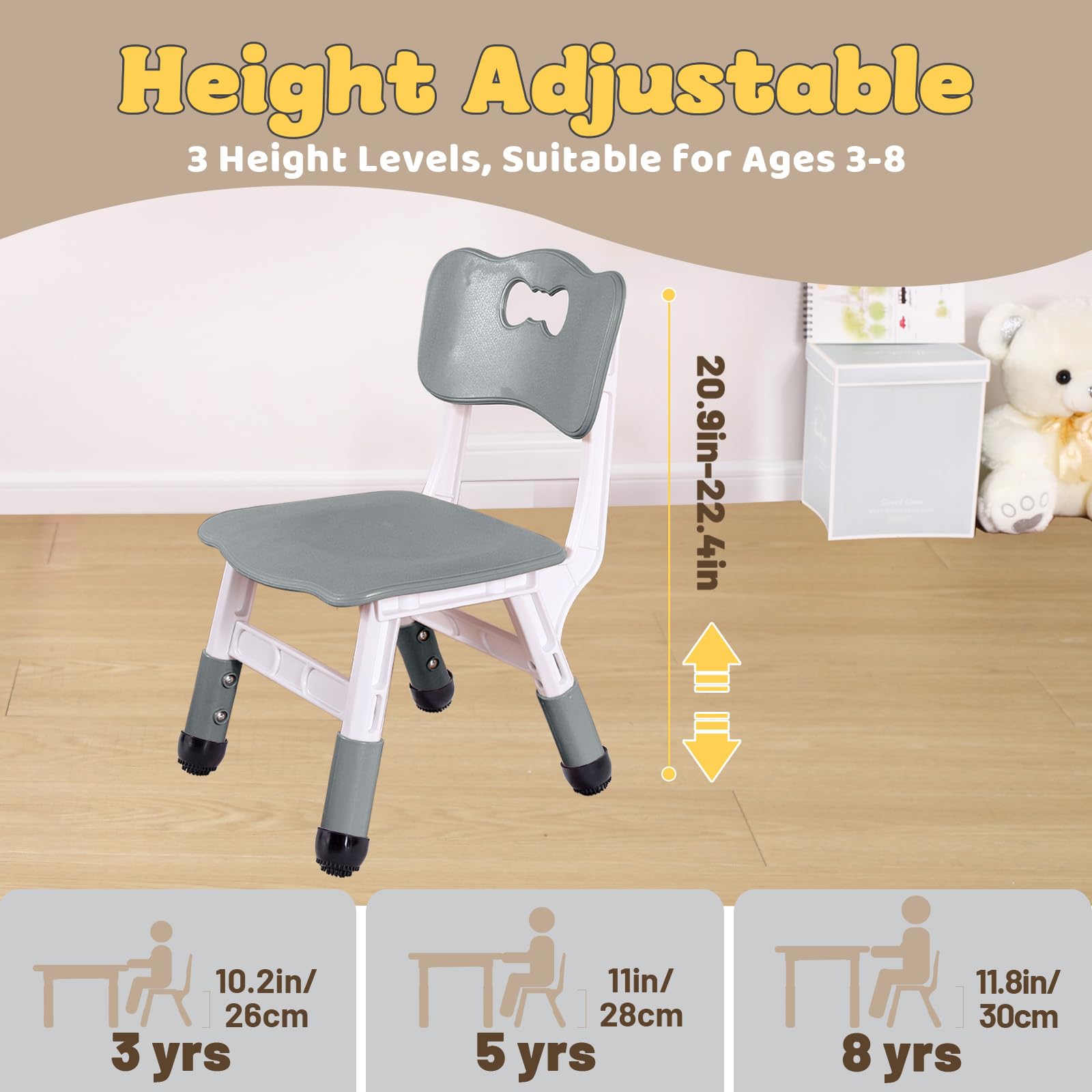 FUNLIO Kids Table and 2 Chairs Set for Ages 3-8, Height Adjustable Toddler Table and Chair Set, Easy to Wipe Arts & Crafts Table, for Classrooms/Daycares/Homes, CPC & CE Approved (3pcs Set) β Grey