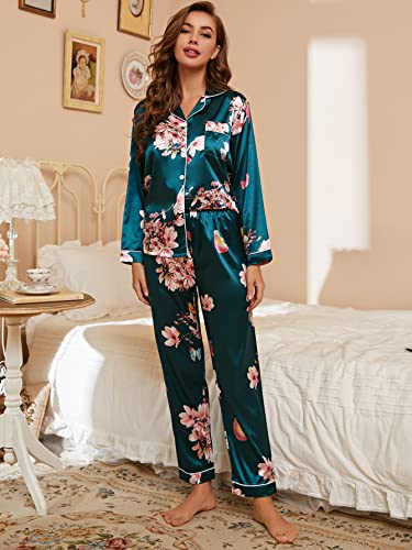 WDIRARA Women's Sleepwear Floral Print 2 Piece Satin Pajama Set Button Down Loungewear Dark Green S
