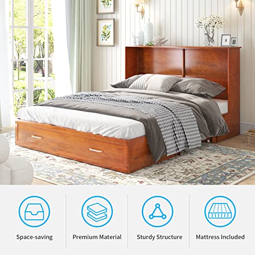 Mjkone Murphy Cube Cabinet Bed with USB Charging Station, Murphy Bed Cabinet with Large Drawer & Folding Mattress, Queen Size Bed Frame for Guest Room, Home, Office - Cherry