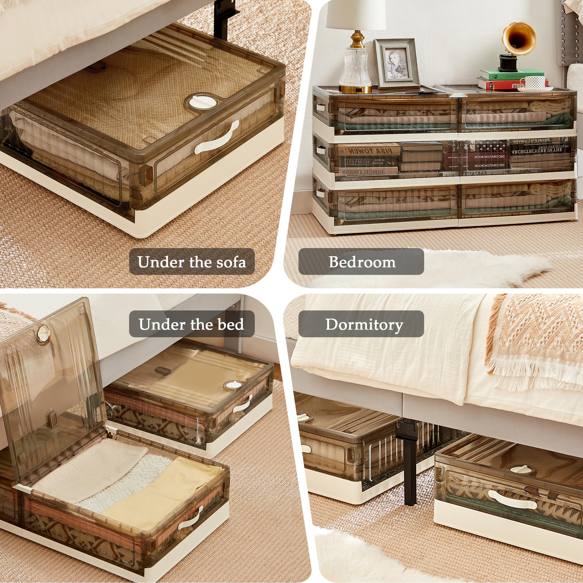 VECELO Under Bed Storage with Wheels, 26.5Gal Stackable Under Bed Storage Containers, Underbed Storage Containers with Lids, Plastic Foldable Folding Box for Clothes Shoes