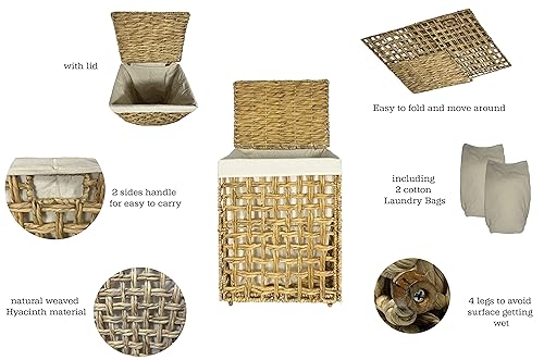 Natural Rectangular Foldable Storage Basket, Laundry hamper with 2 cotton Fitted Bags, 4 Legs, 2 Side Handles, Attached Lid, Made in Vietnam, 23 inch x 13.5 inch x 18 inch