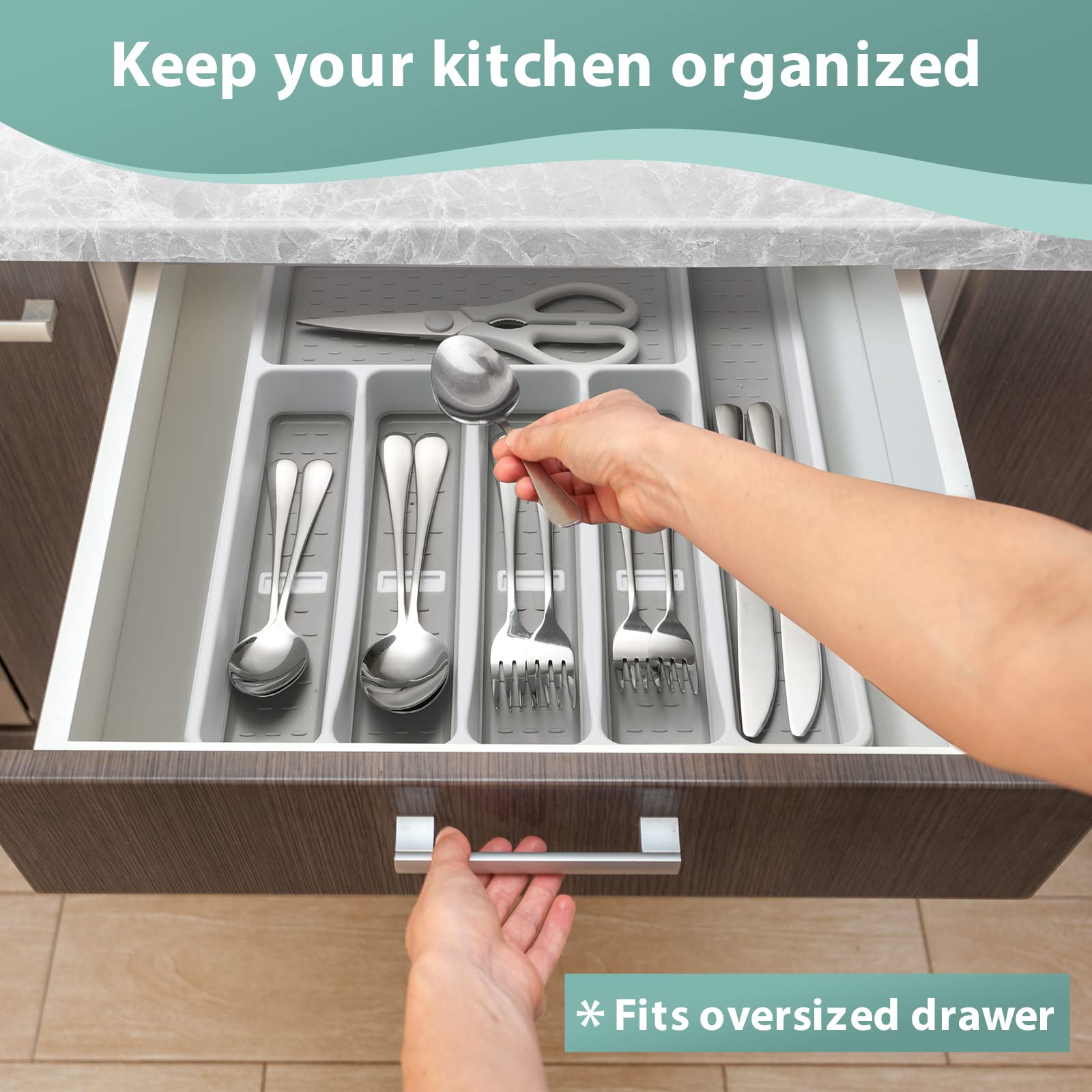 Joequality Silverware Organizer with Icons,Plastic Cutlery silverware Tray for Drawer,Utensil Tableware Flatware Organizer for Kitchen with Non-slip TPR,Fits Oversized Drawer,6-Compartment,Grey