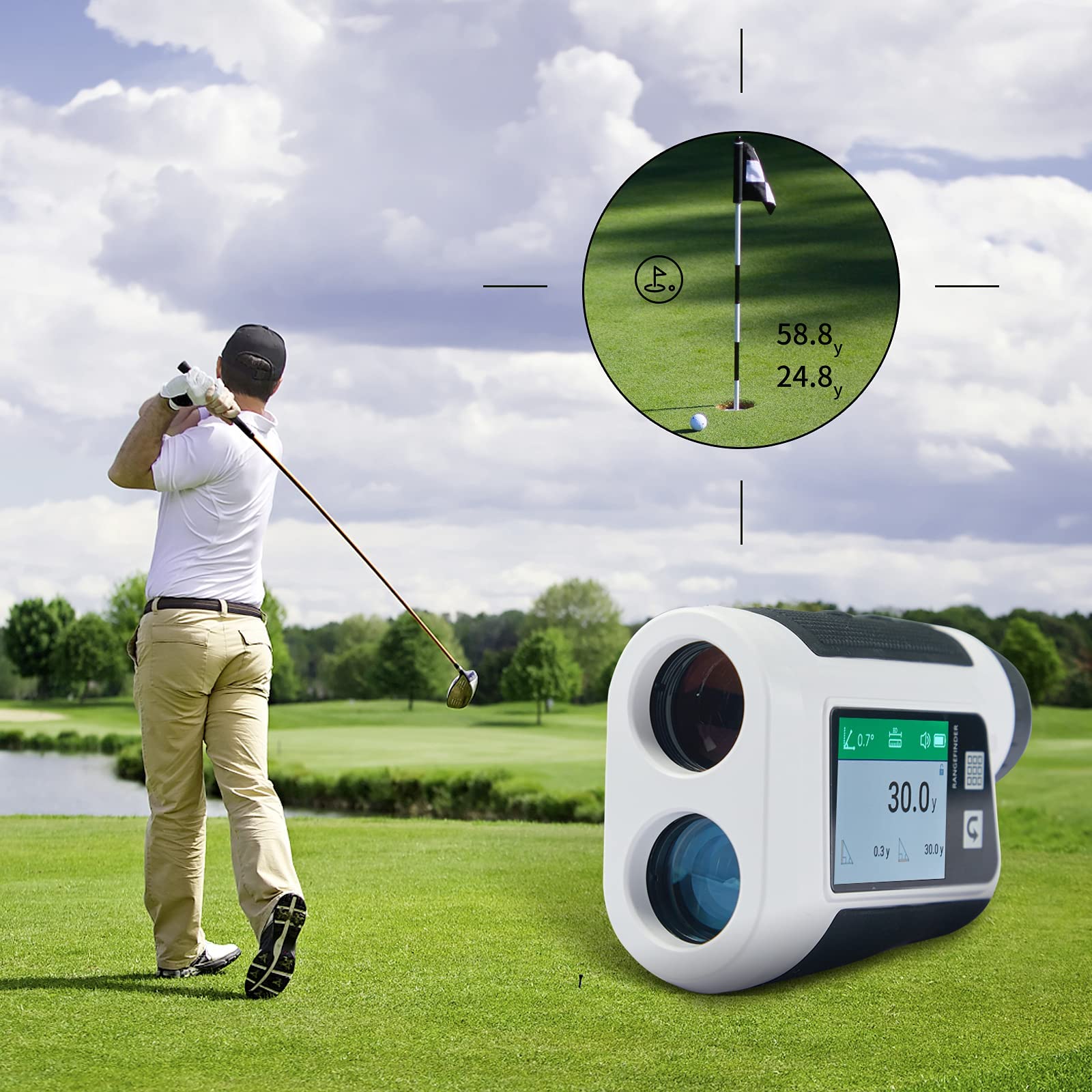 Golf Rangefinder, Rumia 1200 Yards Range Finder Golfing with Slope, LCD Touch Screen Display, 6X Magnification, Voice Feature, Rechargeable Range Finder for Hunter with Pin-Seeking, Flag Lock