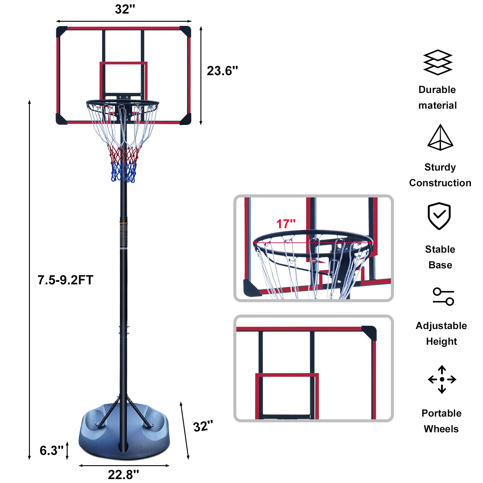 Icoud Portable Basketball Hoop 6.5-10ft Height-Ajustable Basketball Goals ,Free Standing System with Wheels Outdoor, Gray