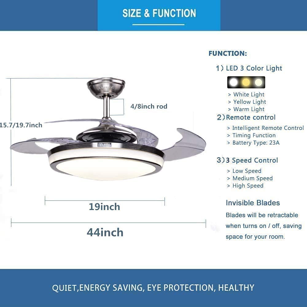 Fandian 44" Modern Ceiling Fan with Lights Remote Control Chandelier Fixture, 3 Lighting Changes Retractable Fandelier for Living Room Bedroom, Brush Chrome with Silent Motor