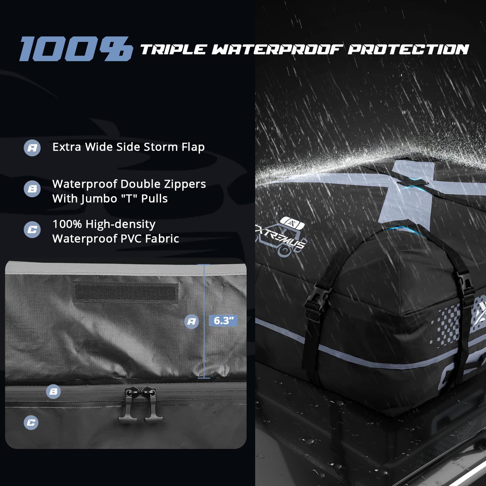Extremus ExplorationX Rooftop Cargo Carrier Bag-15 Cu Ft, 100% Waterproof Car Top Carrier, Abrasion Resistant 840D PVC, High-Frequency Welded Seams, Waterproof Zipper W/Storm Flap & 9 Sturdy Straps