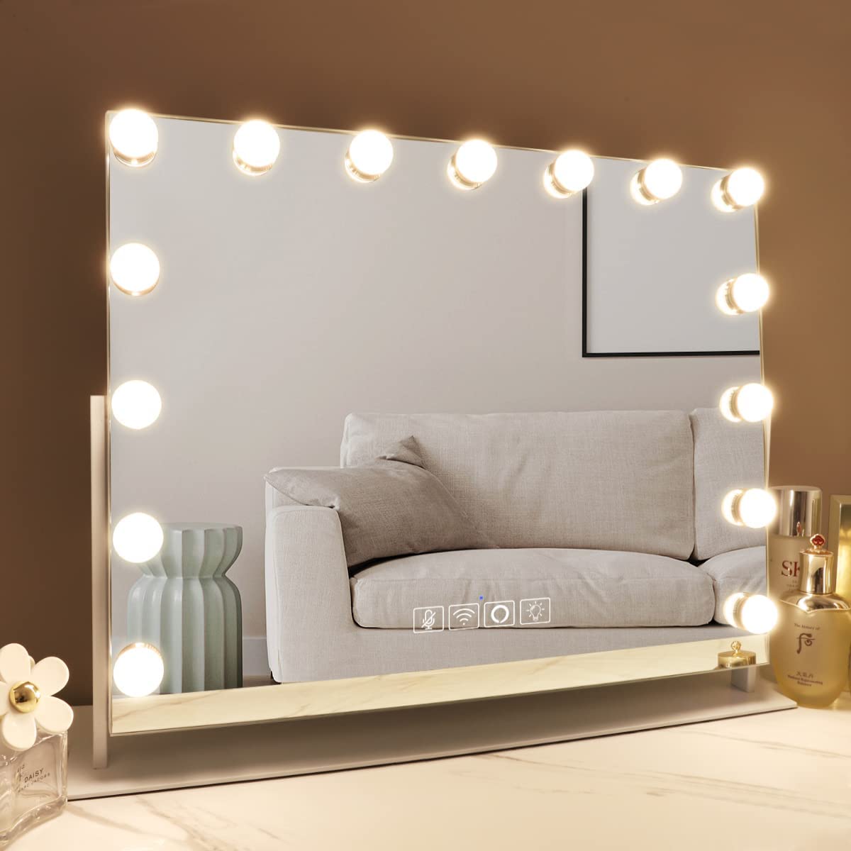 Fenair Makeup Mirror with Lights Voice controls The Bulb's lighting and color,360°Rotation, Vanity Mirror with 15 Dimmable Bulbs