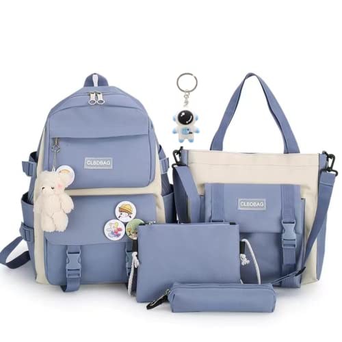 Teslawi kawaii backpack 4Pcs Set Aesthetic backpack 17in backpack,with Kawaii Pendants,Crossbody Bag ,Pencil Case, Handbag (Blue)
