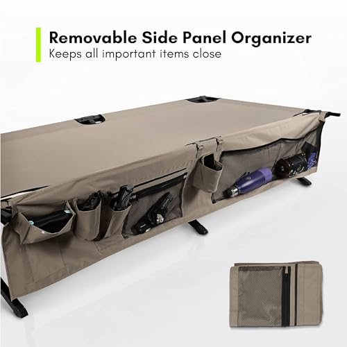 Extremus New Komfort Camp Cot, Folding Camping Cot, Guest Bed, 300 lbs Capacity, Steel Frame, Strong 300D Polyester Surface, includes Side Storage Organizer, Carry Bag