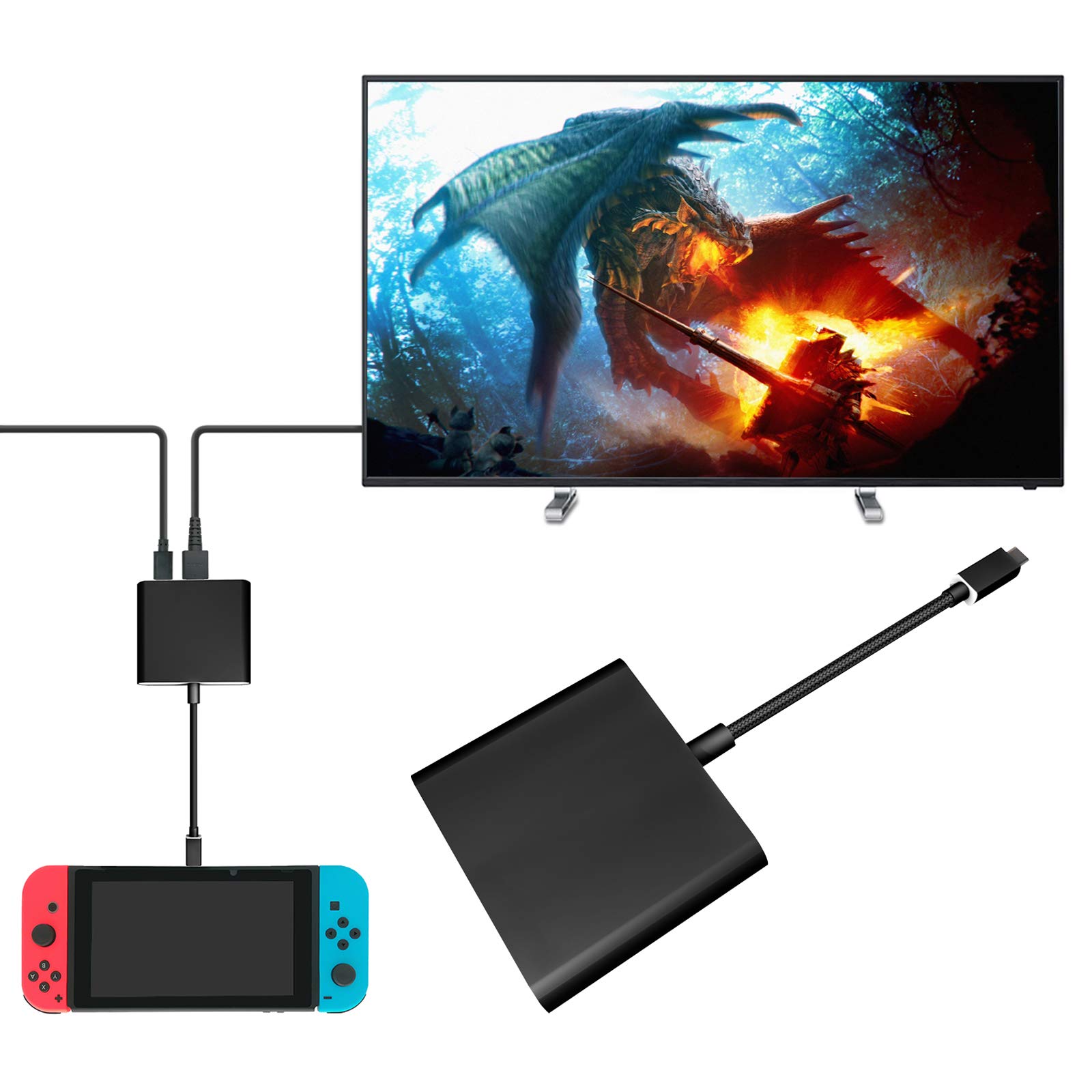 FASTSNAIL HDMI Type C Hub Adapter for Switch, HDMI Converter Dock Cable for Switch (Black)