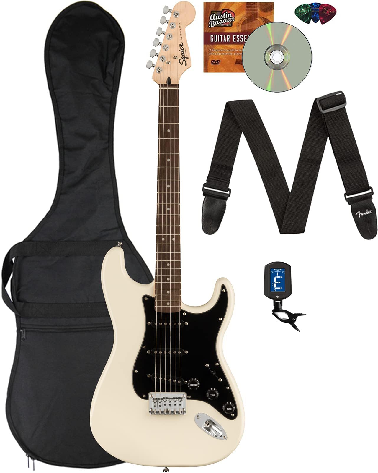 Fender Squier Bullet Stratocaster HT - Black Bundle with Gig Bag, Tuner, Strap, Picks, and Austin Bazaar Instructional DVD