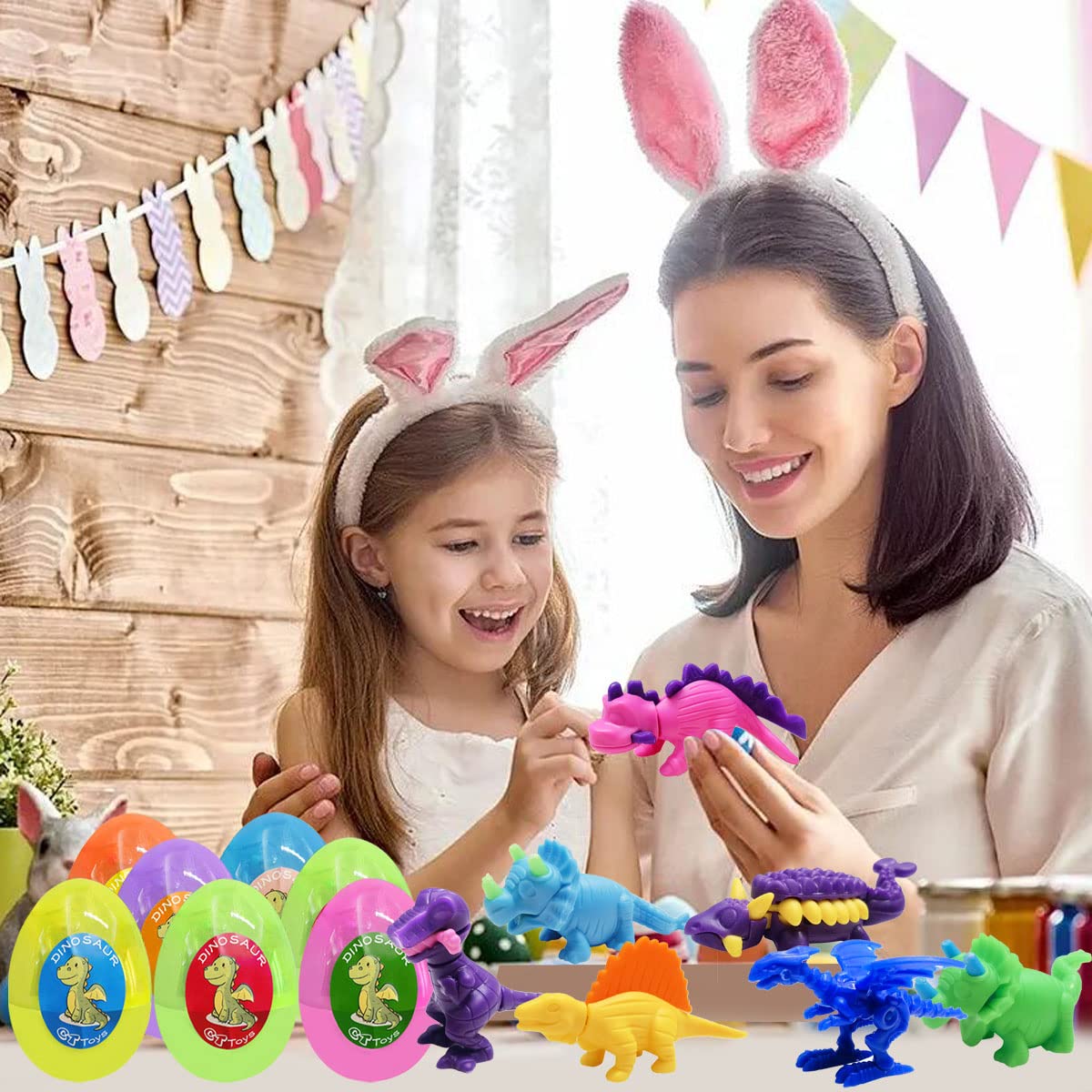 Holydeck 24Pcs PreFilled Easter Eggs with Dinosaurs Building Blocks, Mini Toys for Kids Easter Eggs Hunt, Easter Basket Stuffers Fillers, Easter Party Favors, Easter Classroom Prize Toys