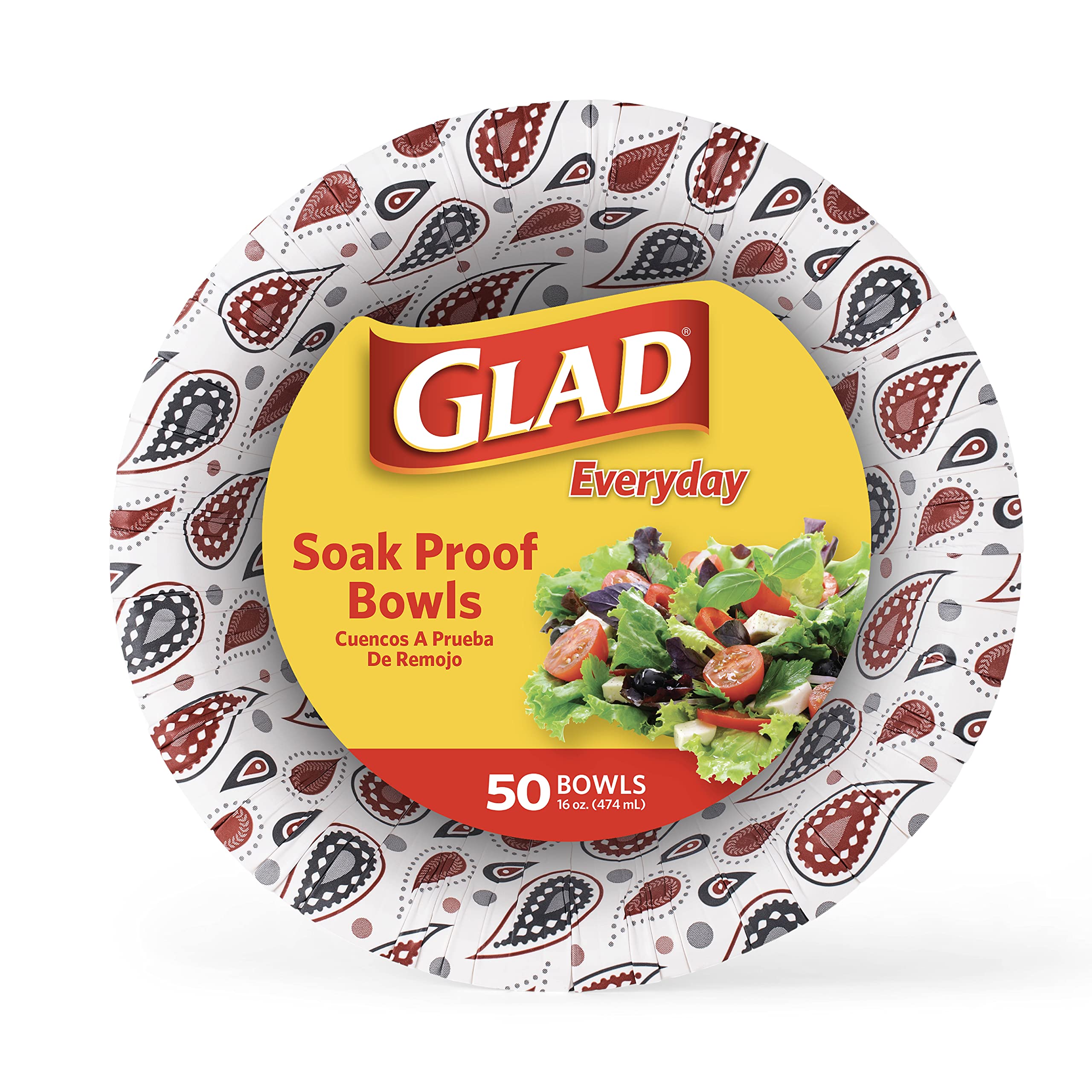 Glad 16 oz Disposable Paper Bowls with Paisley Drops Design, 50 Count | Disposable Bowls for Parties & Picnics and Everyday Use | Microwave Safe, Soak Proof Paper Bowls from Glad