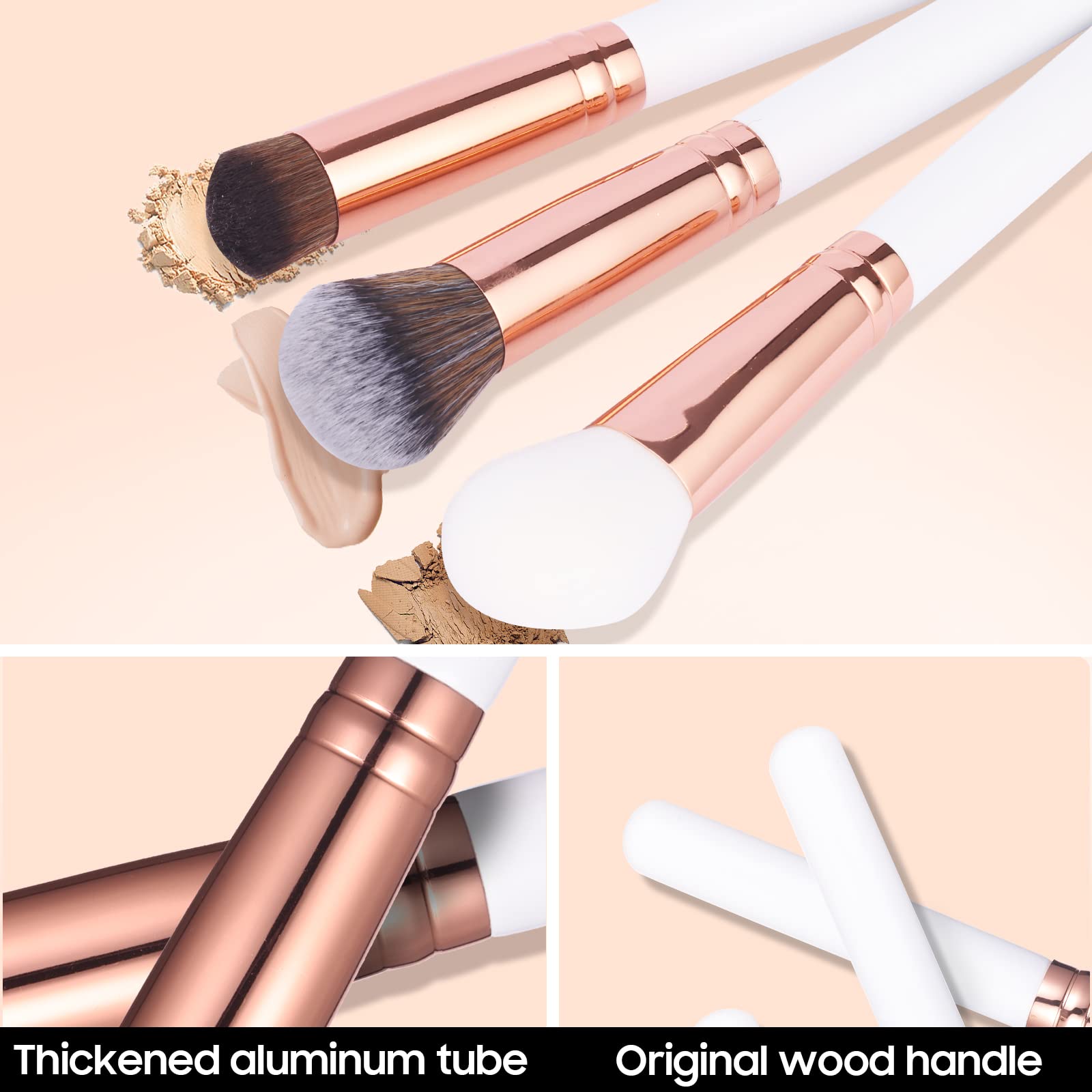 Makeup Brushes 3 Pcs Premium Synthetic Foundation Cosmetic Brush,Kabuki Blush Bronzer Face Brush Travel-Friendly Makeup Brush Set Makeup Kit for Foundation Blush Eyeshadow (White)