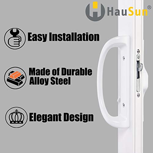 Patio Door Handle Set + Mortise Lock 45° Perfect Replacement for Sliding Glass Door Fits 3-15/16” Screw Hole Spacing, Non-keyed with Latch Locks,White Diecast,Reversible Design(Non-Handed)