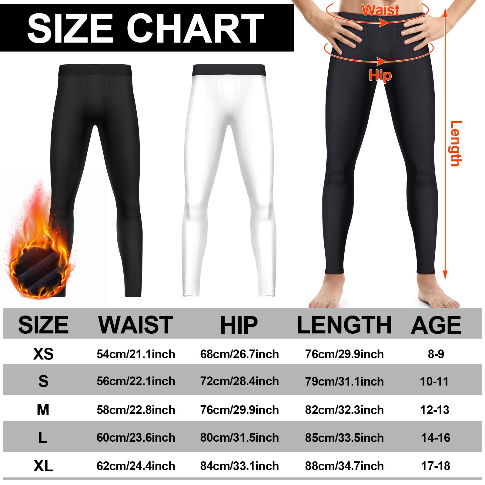 Haysandy Thermal Boys' Compression Winter Warm Leggings 2 Pack Tights Athletic Pants Basketball Compression Pants Boys Basketball Leggings Black, White