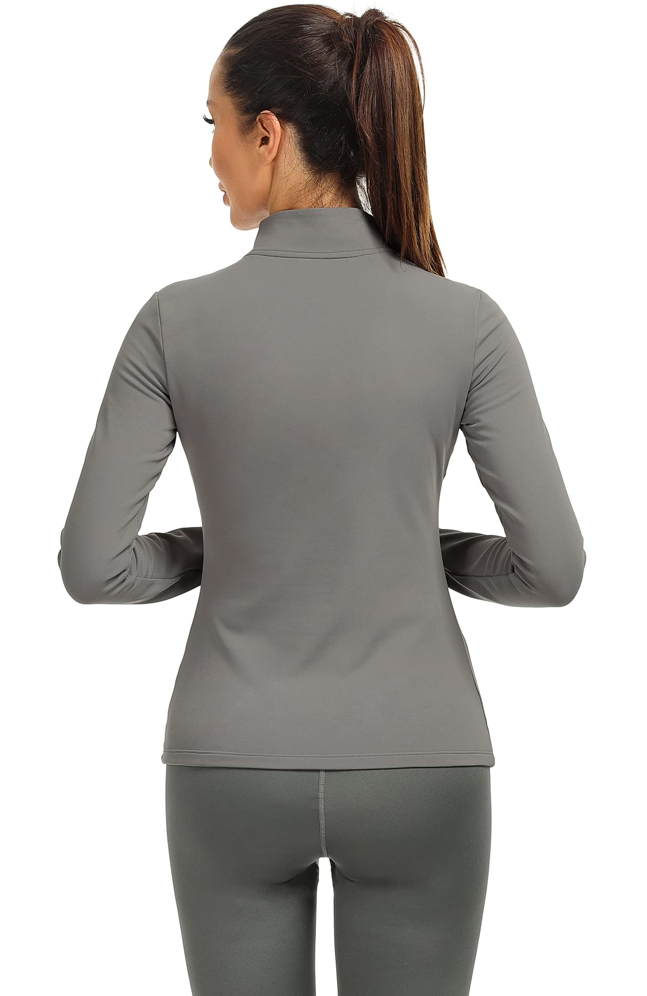 icyzone Fleece Lined Half Zip Pullover for Women with Thumb Holes, Athletic Workout Warm Jackets, Fitted Long Sleeve Yoga Crop Tops (Cacao, L)