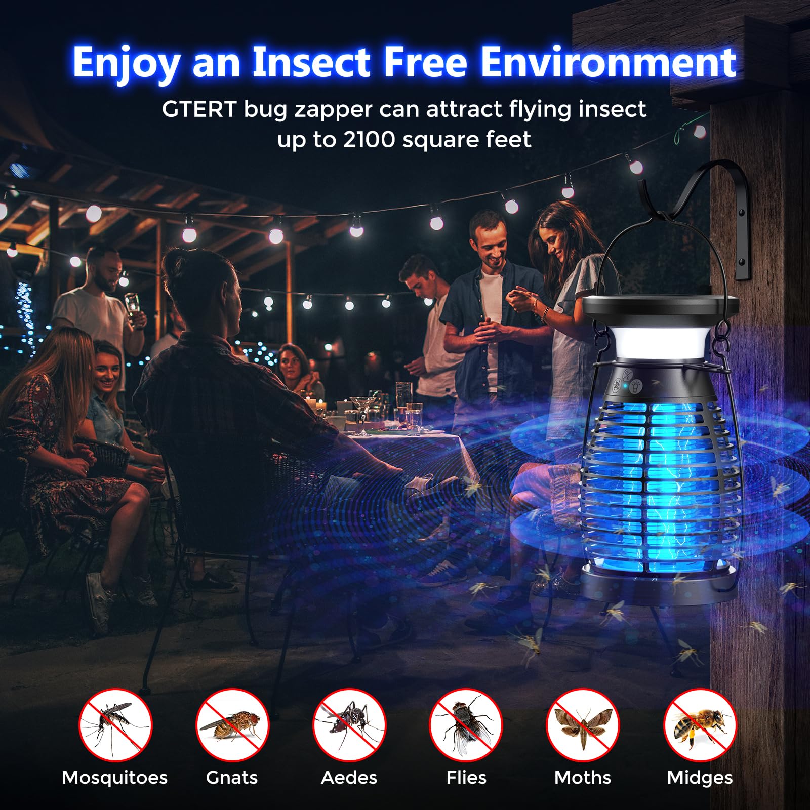 GTERT Solar Bug Zapper, 4200V Mosquito Zapper Outdoor, 4 in 1 Cordless Bug Zapper, Rechargeable Bug Zapper Outdoor Solar Powered with 4000mAh Battery, Portable Waterproof Fly Zapper for Patio