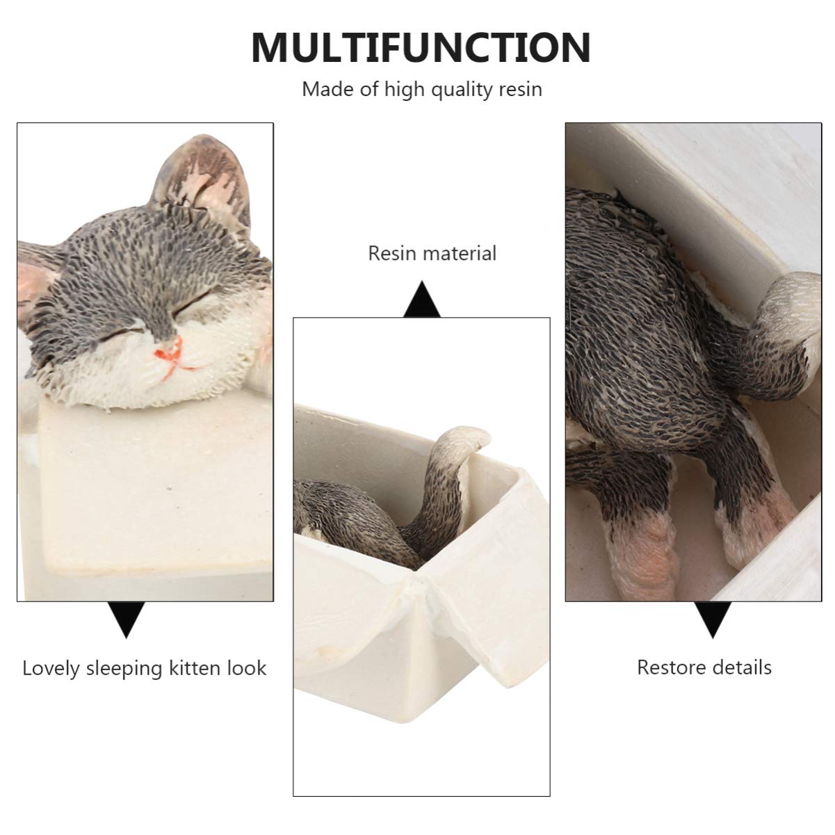 Garneck Resin Cat Figurines Little Kitty Sleeping in Box Statue Realistic Kitten Collection Crafts for Living Room Bedroom Garden (Grey)