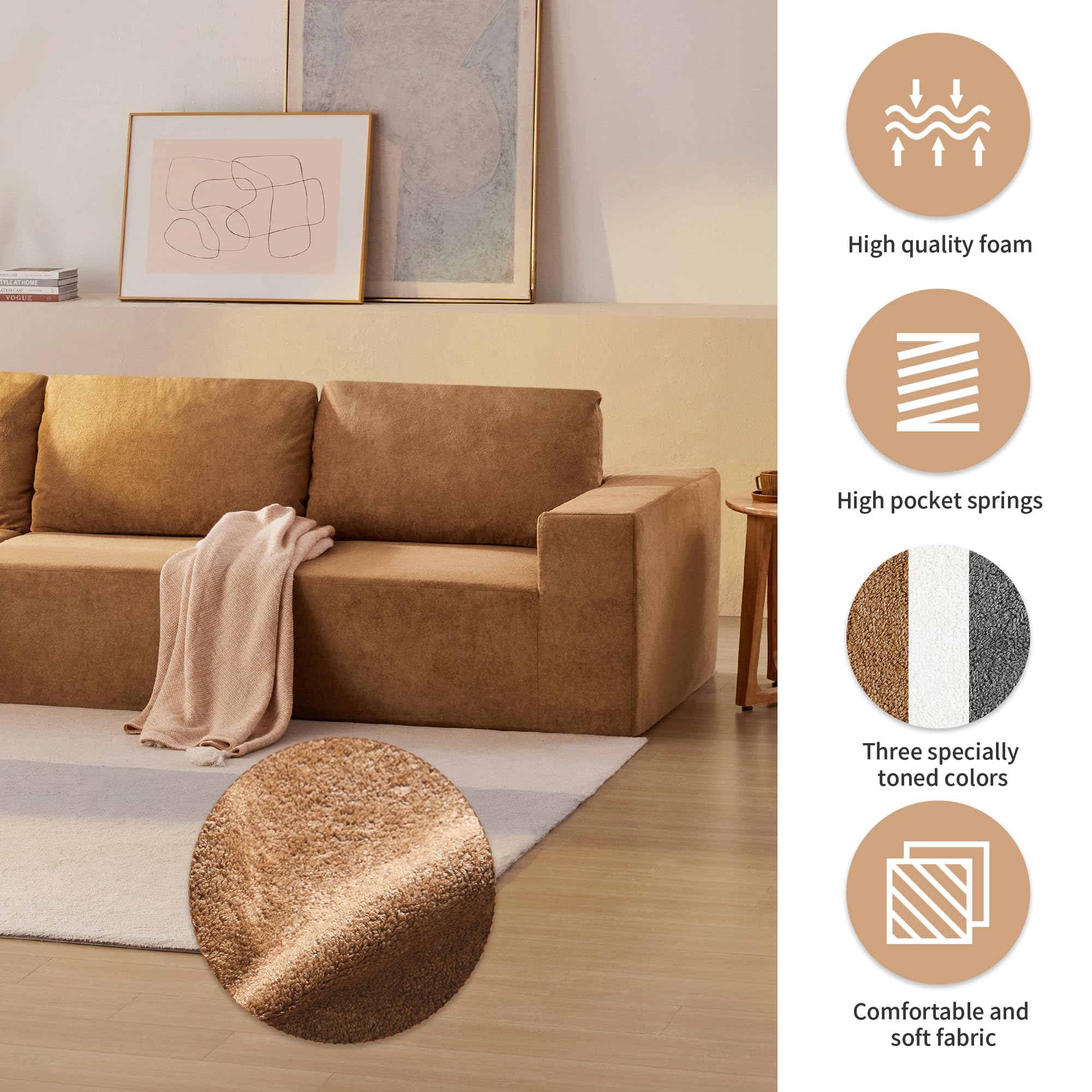 Merax 116" Modular Sectional Sofa, Luxury Floor Couch Set, Chenille Upholstered Indoor Furniture Foam-Filled Sleeper Bed for Living Room, Bedroom, 5 PC Free Combination, 5 Seats-L Shape, Brown