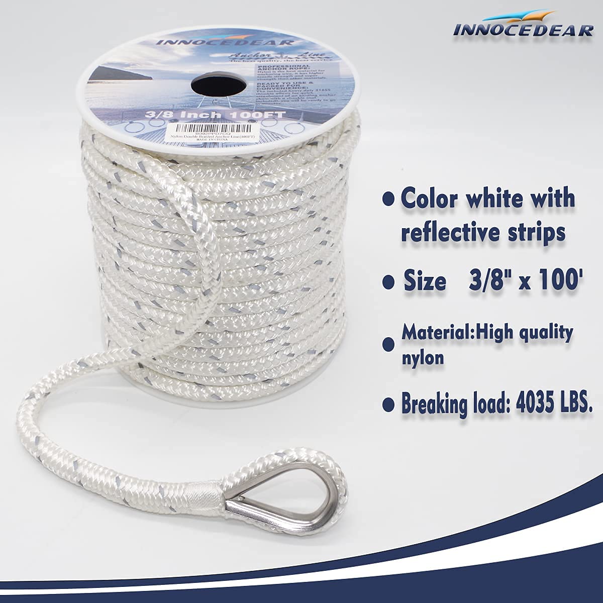 INNOCEDEAR Double Braided Nylon Anchor Rope(White Reflective, 3/8" x 100',1/2" 150') Anchor Line/Boat Anchor Rope with Stainless Steel Thimble, Quality Marine Rope, Boat Accessories