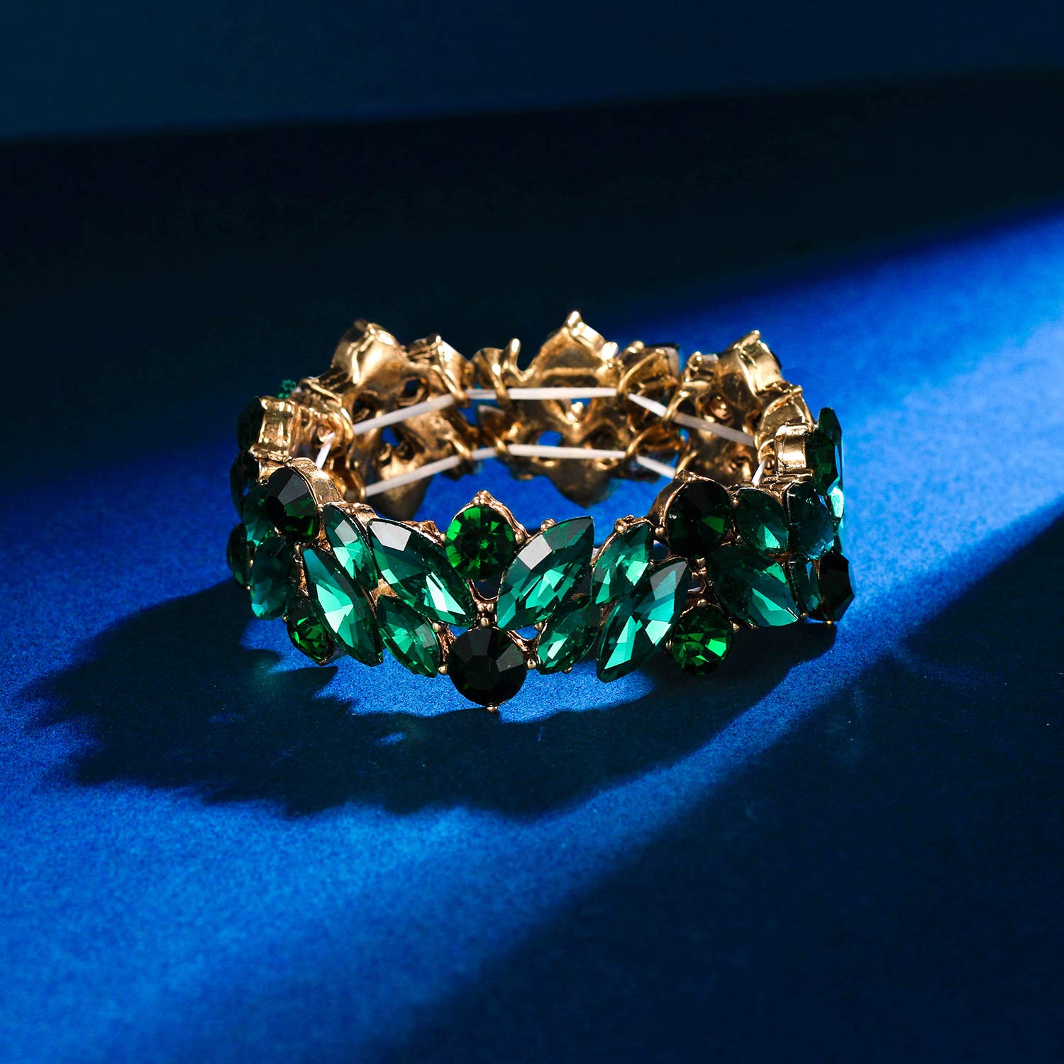 EleQueen Women's Austrian Crystal Teardrop Elastic Tennis Bracelets 2 Layer Marquise Cut Bridal Stretch Bracelet Emerald Gold-Tone