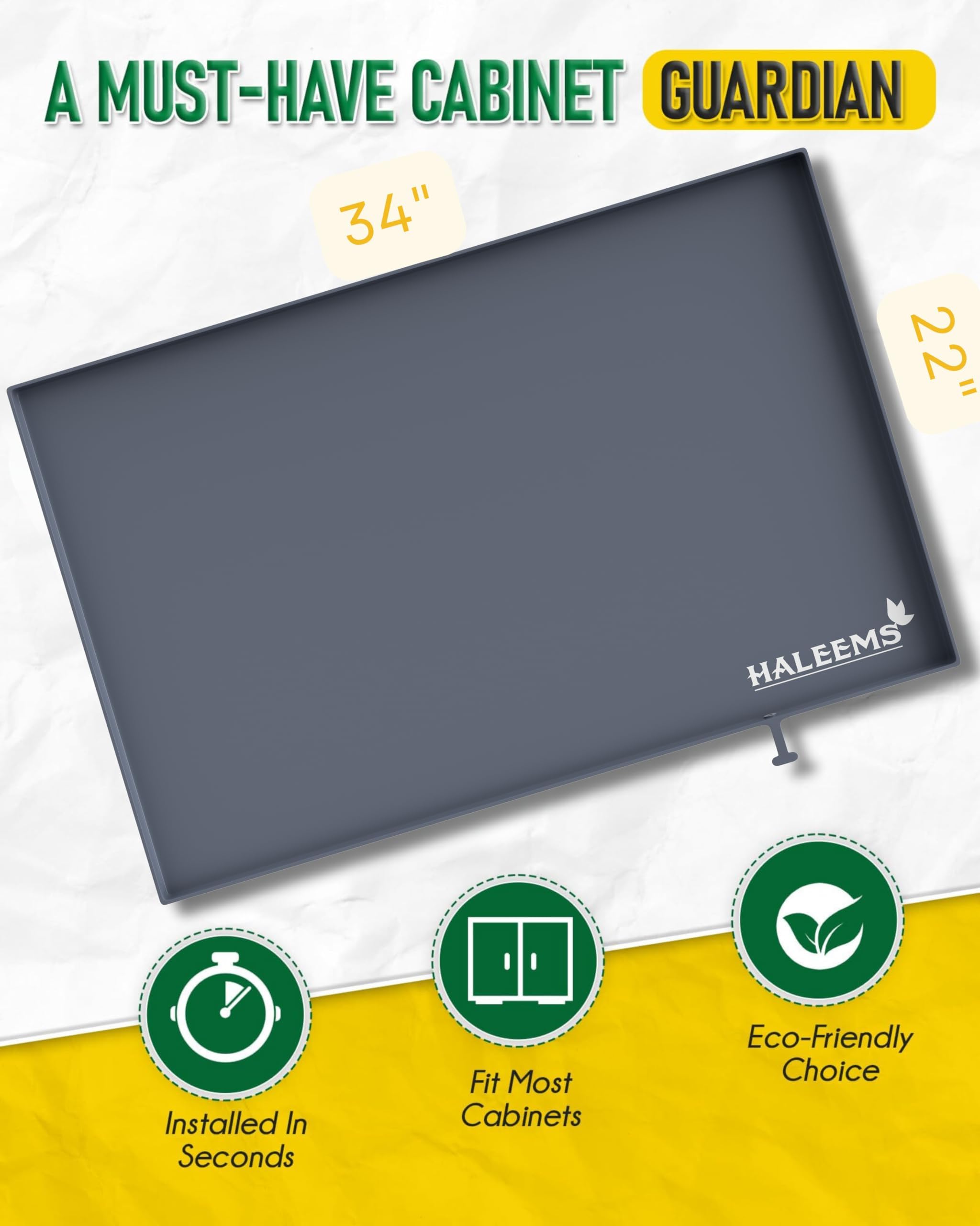 HALEEMS Under Sink Mat with Unique Drain Hole Design - Silicone 34'' X 22'' Under Sink Mats for Bottom of Kitchen Sink - Kitchen Cabinet Mats Hold up to 3 Gallons Liquid, Protector Tray, Easy to Clean