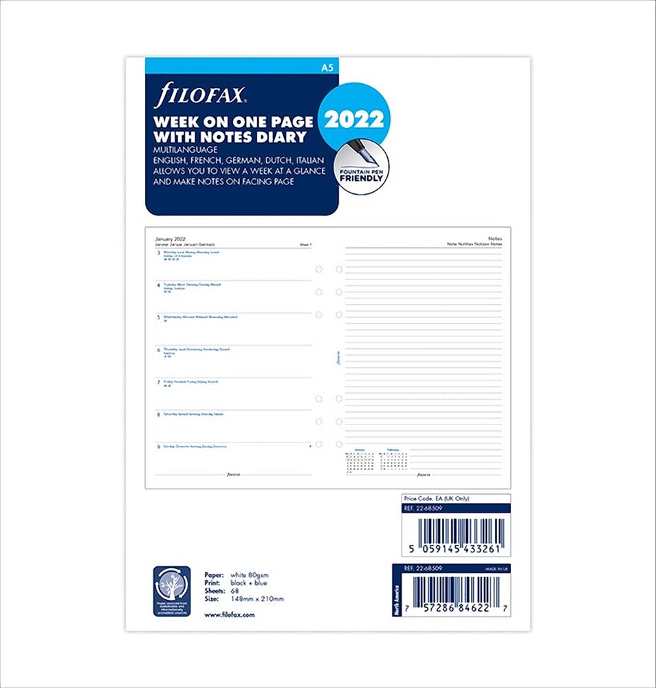 Filofax Replacement White Colour Agenda Rings A5-Master 2022, Weekly Horizontal Planning with Notes 148x210mm.,5.75 inches X 8.25 inches,22-68509