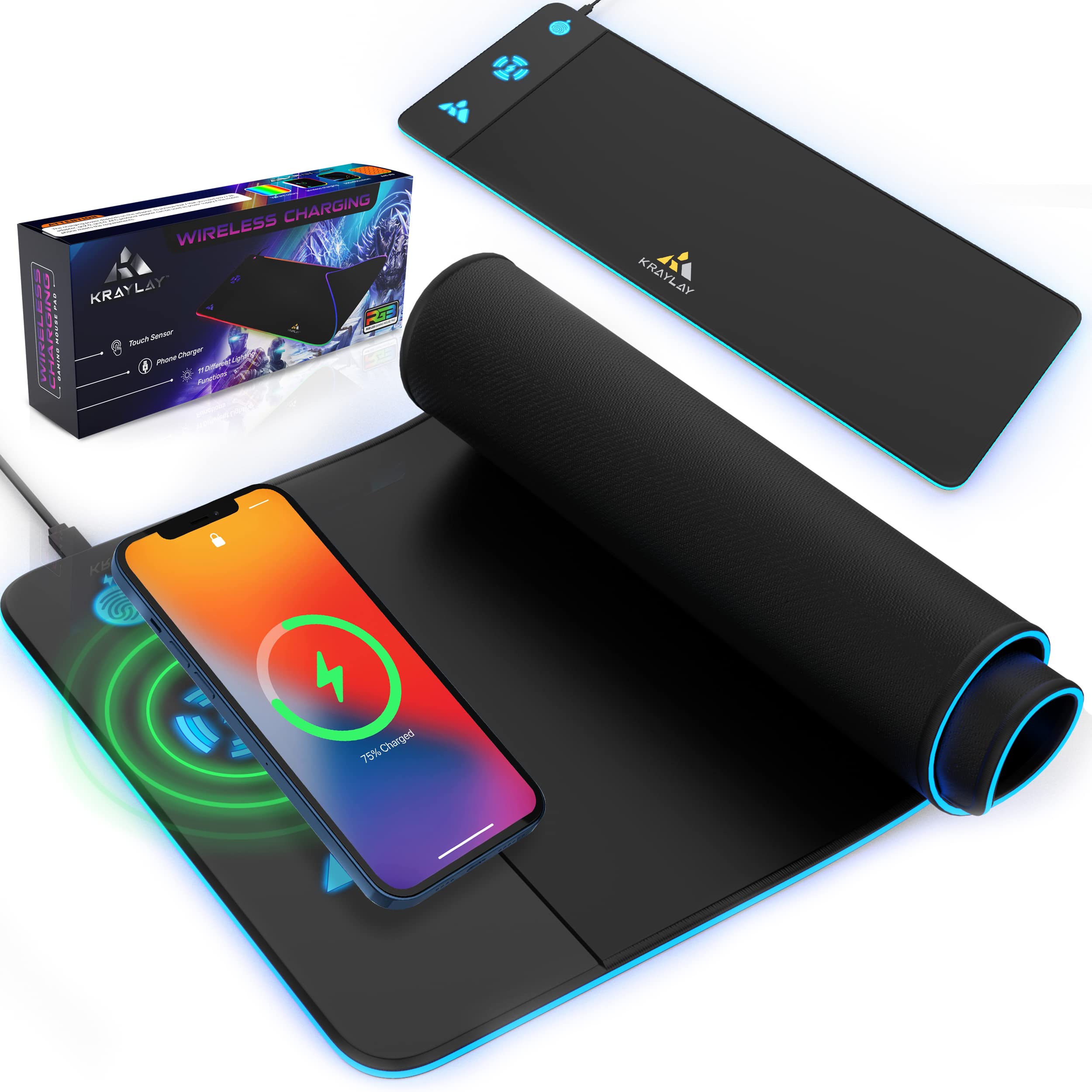 Kraylay XXL RGB Gaming Mouse Pad with Wireless Charger, 11 Colors LED Mouse Mat with 10W Fast Charging, Non Slip Extended Big Mousepad, Black Gaming Mouse pad for Laptop, PC, Office, and Gaming
