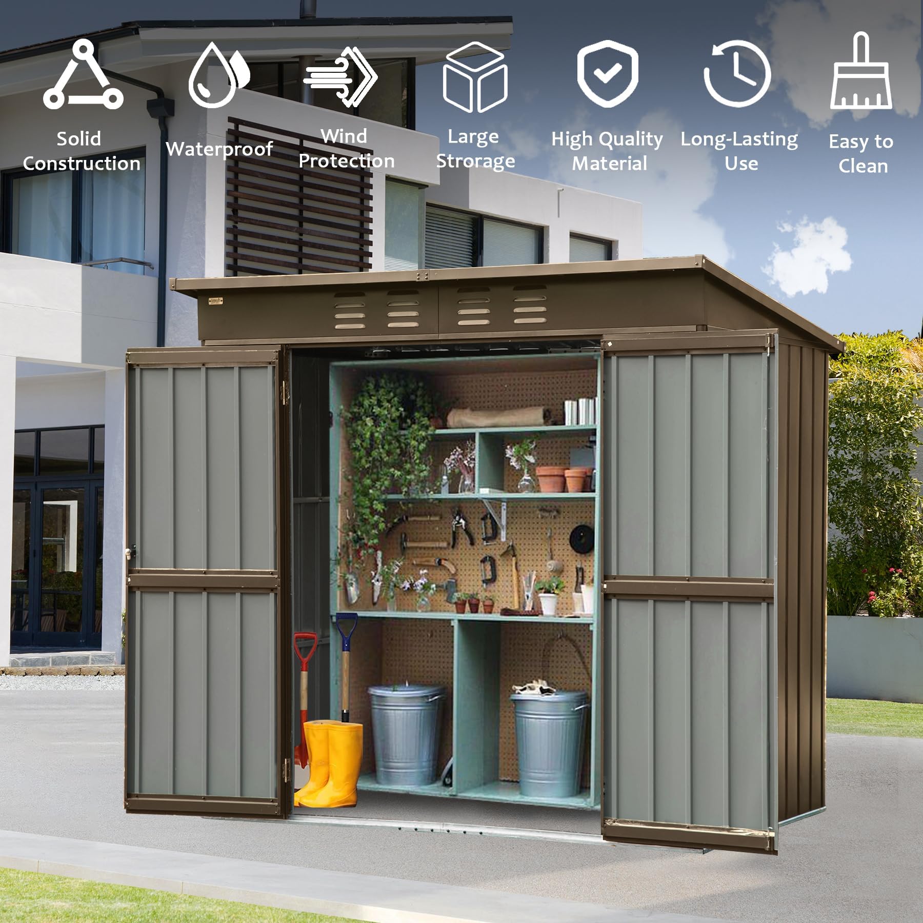 Outdoor Storage Shed, 6 x 4 ft, Galvanized Metal, Brown, for Garden, Backyard, Lawn, Terrace Tool Storage