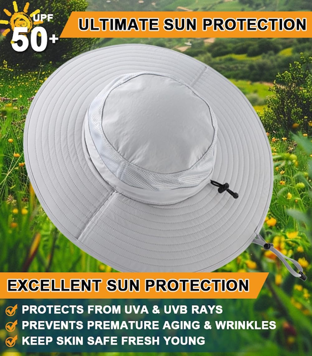 Home Prefer UPF50+ Mens Sun Hat Wide Brim Fishing Hat Airy Womens Sun Protection Hat Gardening Beach Bucket Hat Light Grey